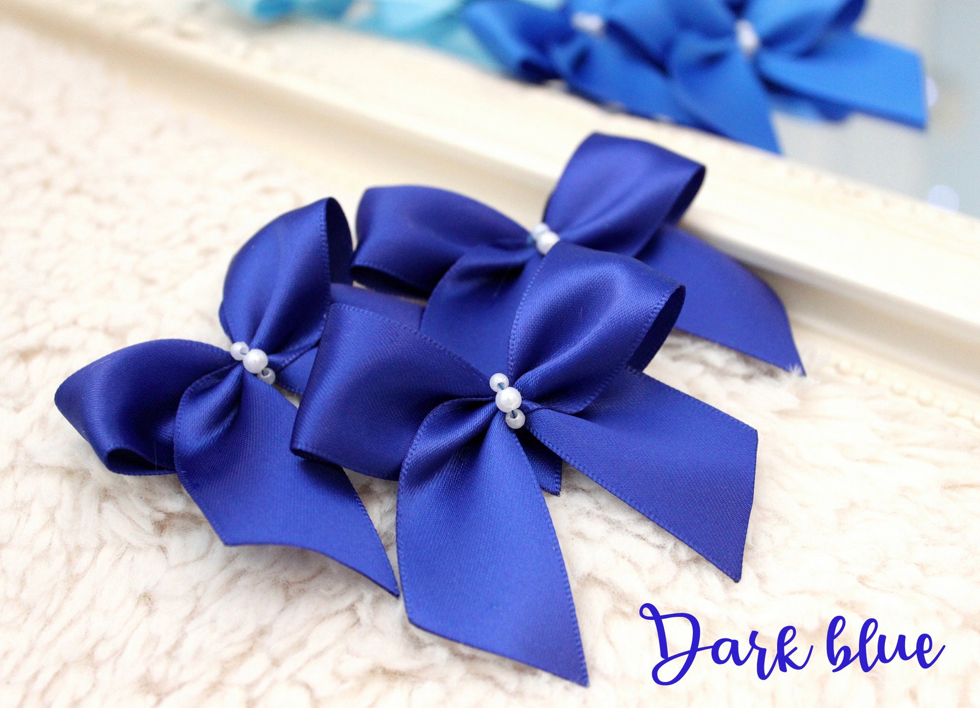 Blue Satin Ribbon Bows With Pearls, High Quality Handmade Light Pale ...