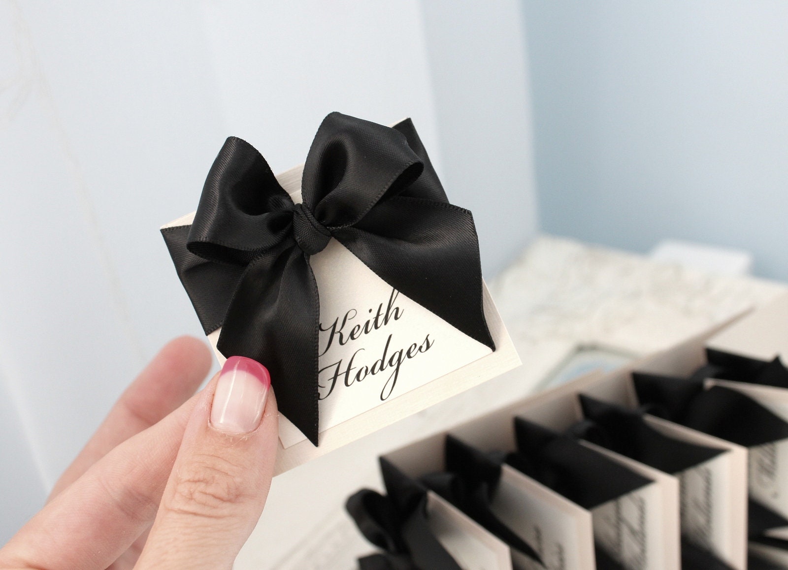 Black Bow Place Cards – Custom Wedding Placecards With Satin Ribbon for ...