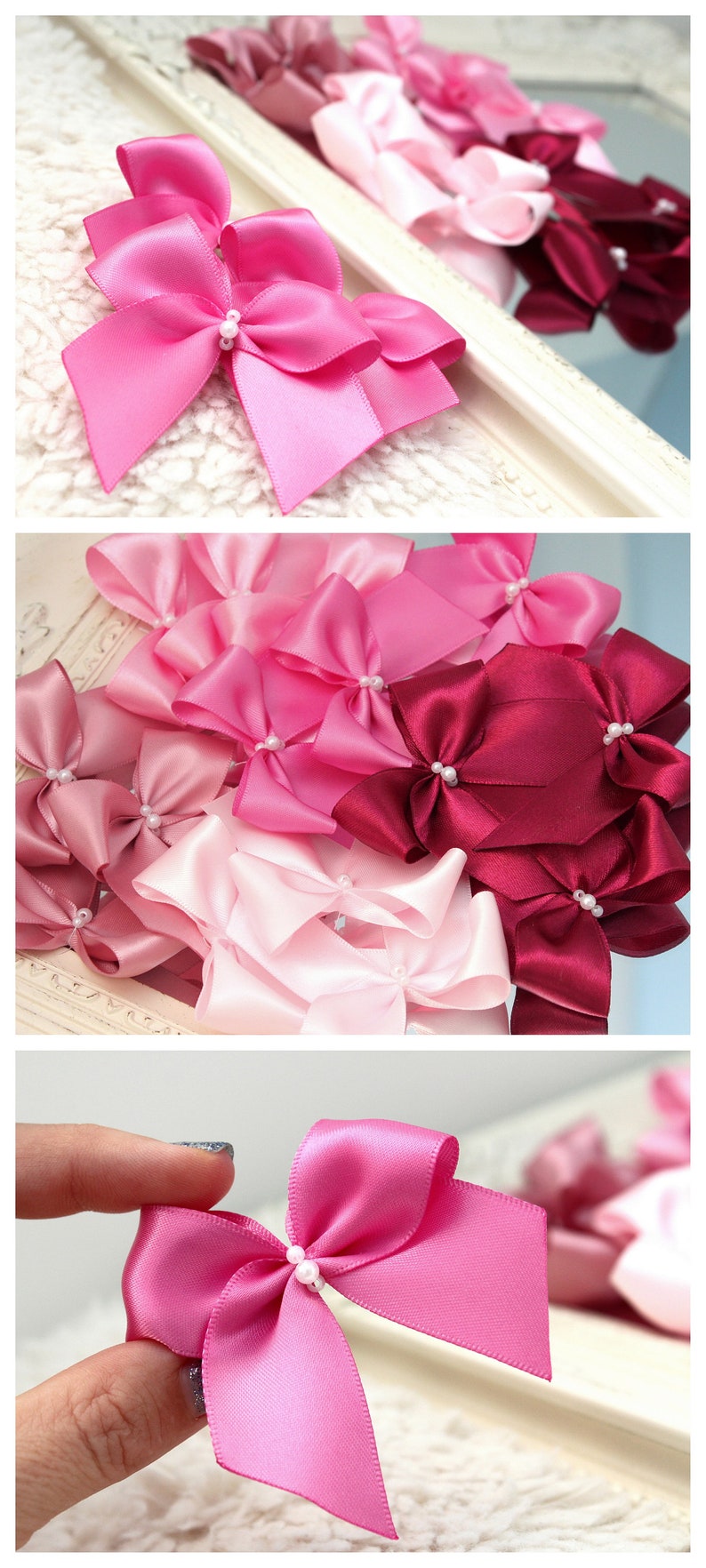 Rose Pink Satin Ribbon Bows With Pearls High Quality Handmade - Etsy