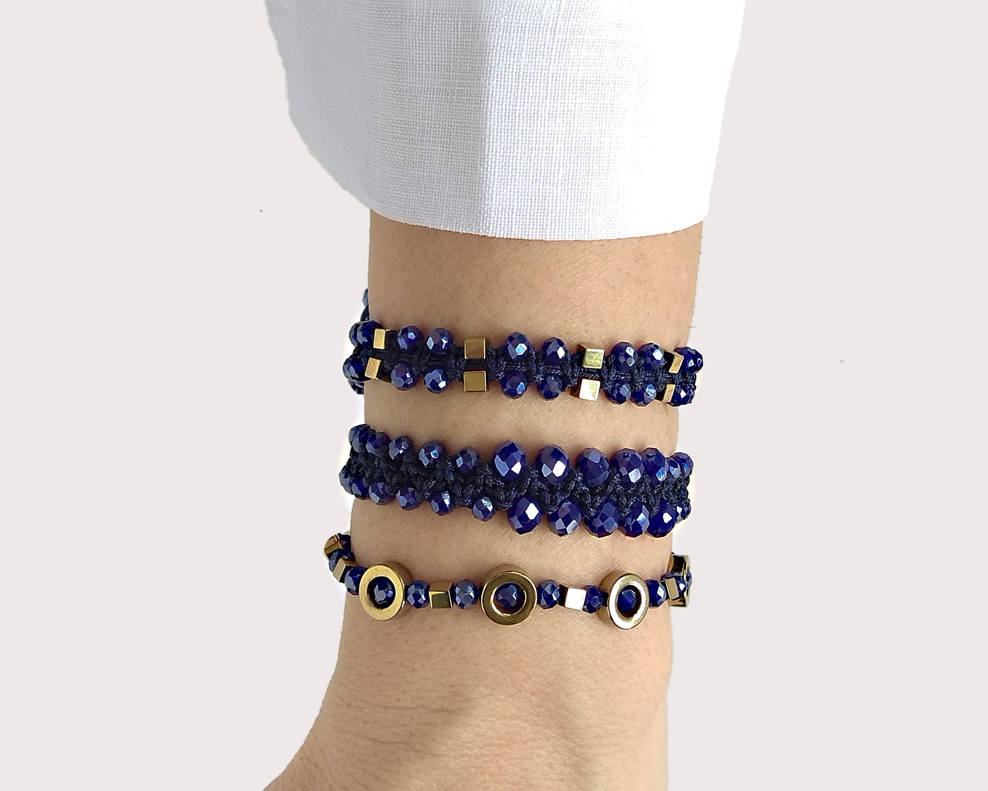 Navy Blue Beaded Bracelet Set for Women, Woven Crystal Bracelet Stack ...