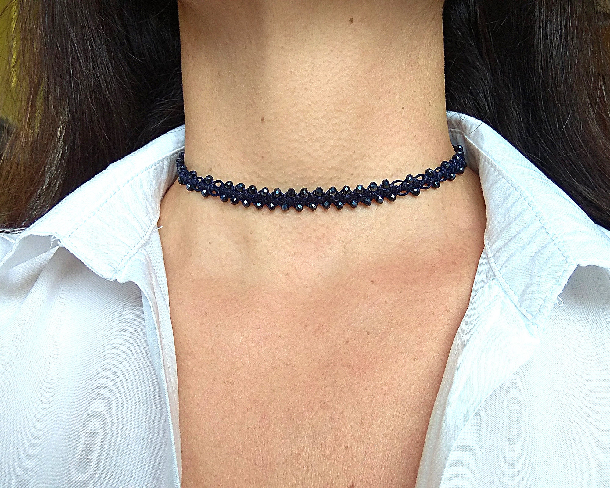 Navy Blue Choker Necklace for Women, Crystal Beaded Choker, Dainty ...