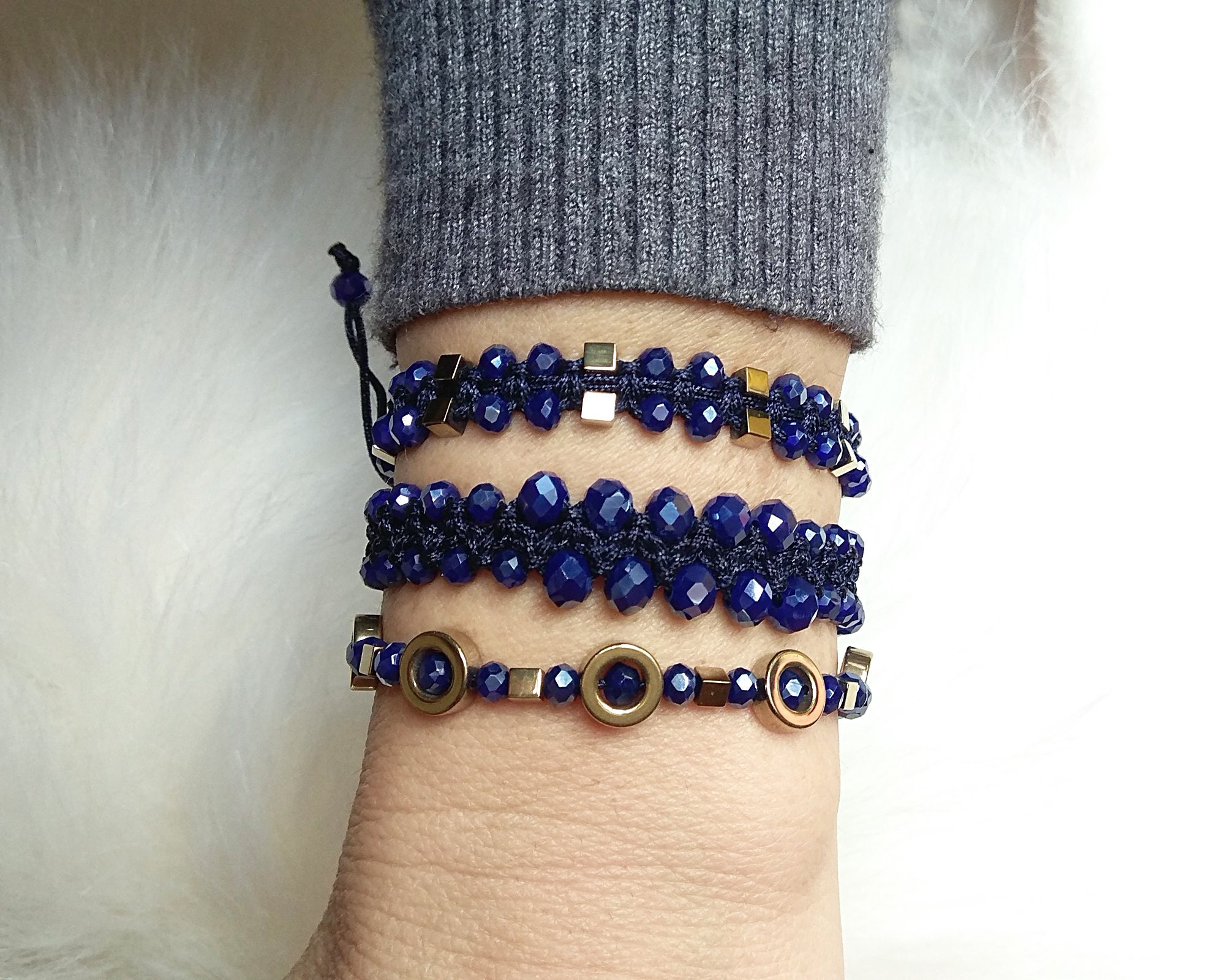 Navy Blue Beaded Bracelet Set for Women, Woven Crystal Bracelet Stack ...
