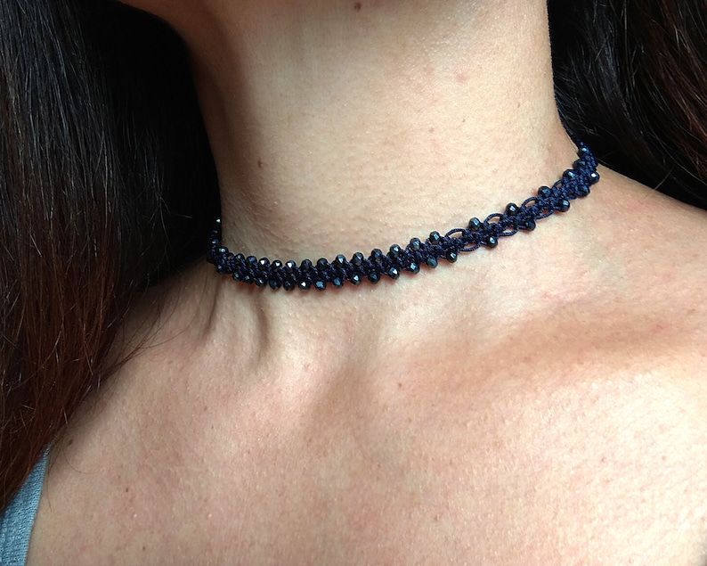 Navy Blue Choker Necklace for Women, Crystal Beaded Choker, Dainty ...
