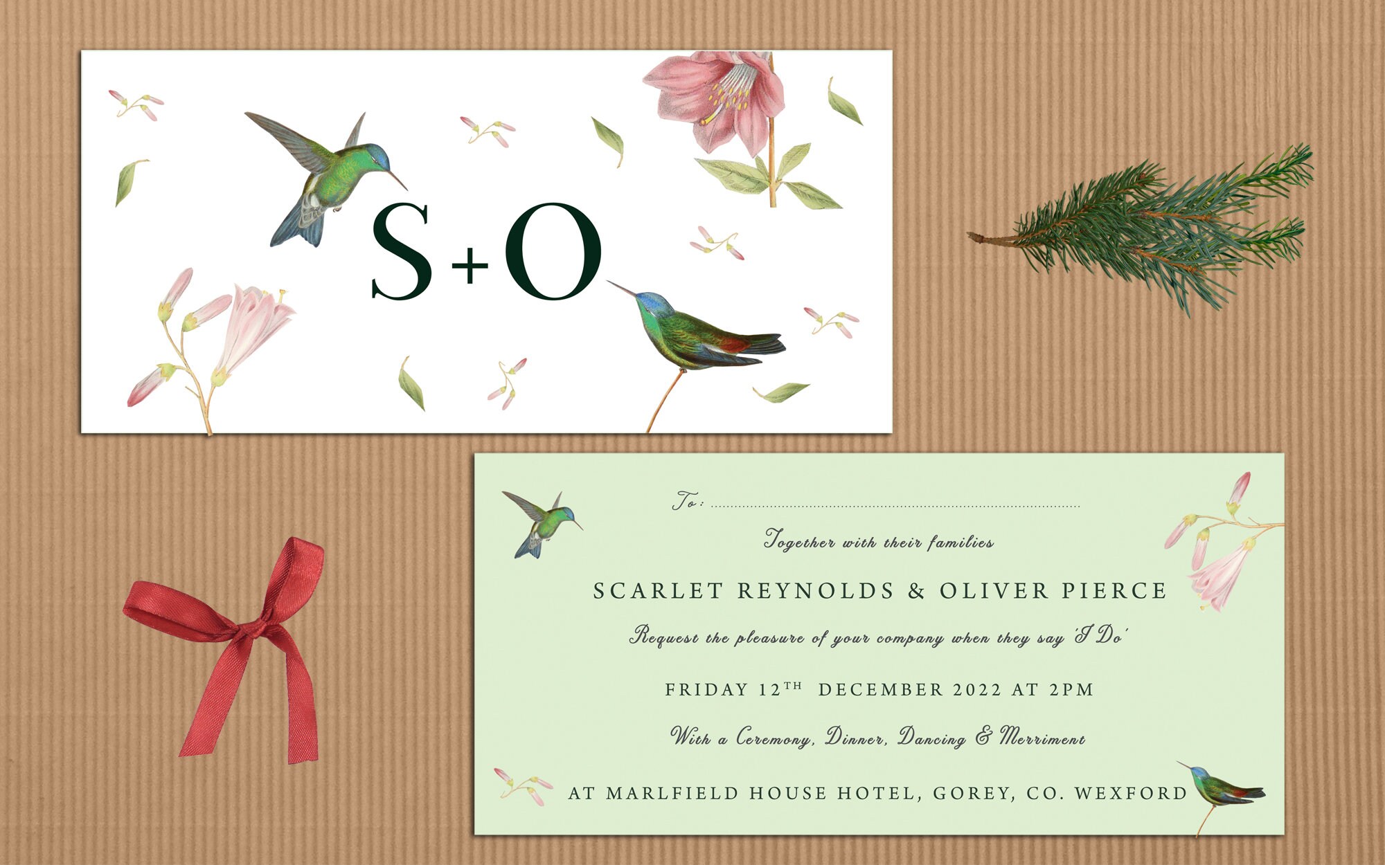 Colibríes Invitaciones de Boda Pájaros y Florales Blanco Fresco Verde ...