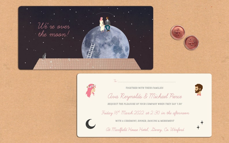 Over the Moon Wedding Invitation Custom Couple Illustrated Rooftop ...