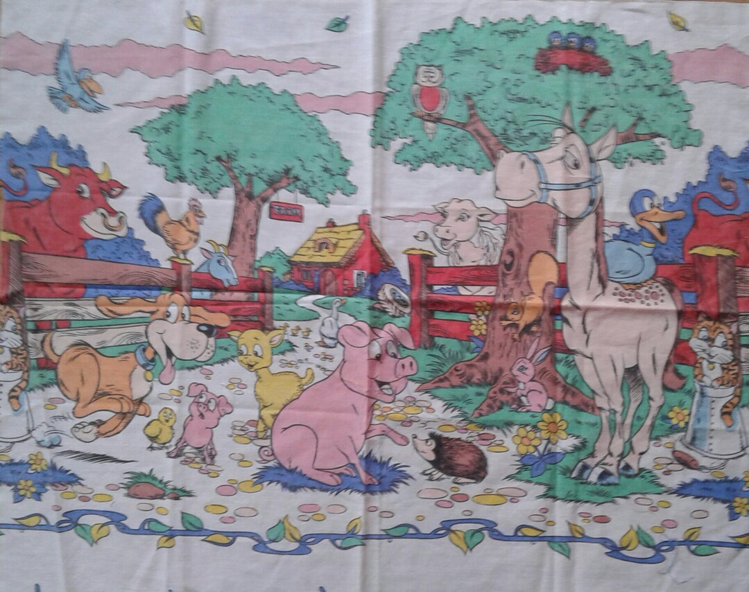 Vintage Childrens Old Mcdonalds Farm LIGHTWEIGHT Polycotton Fabric 65 X ...