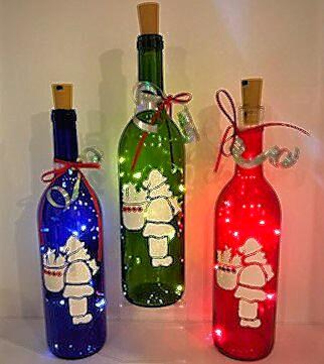 Hand Painted Santa Bottles Glow With Fairy Lights (included). Beautiful ...