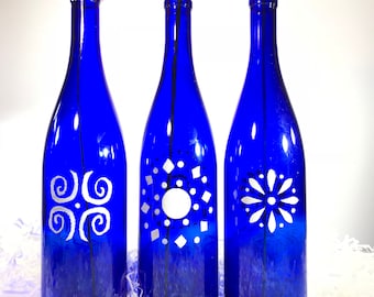 Elegant and Unique Blue and White Hand Painted Bottles | Etsy