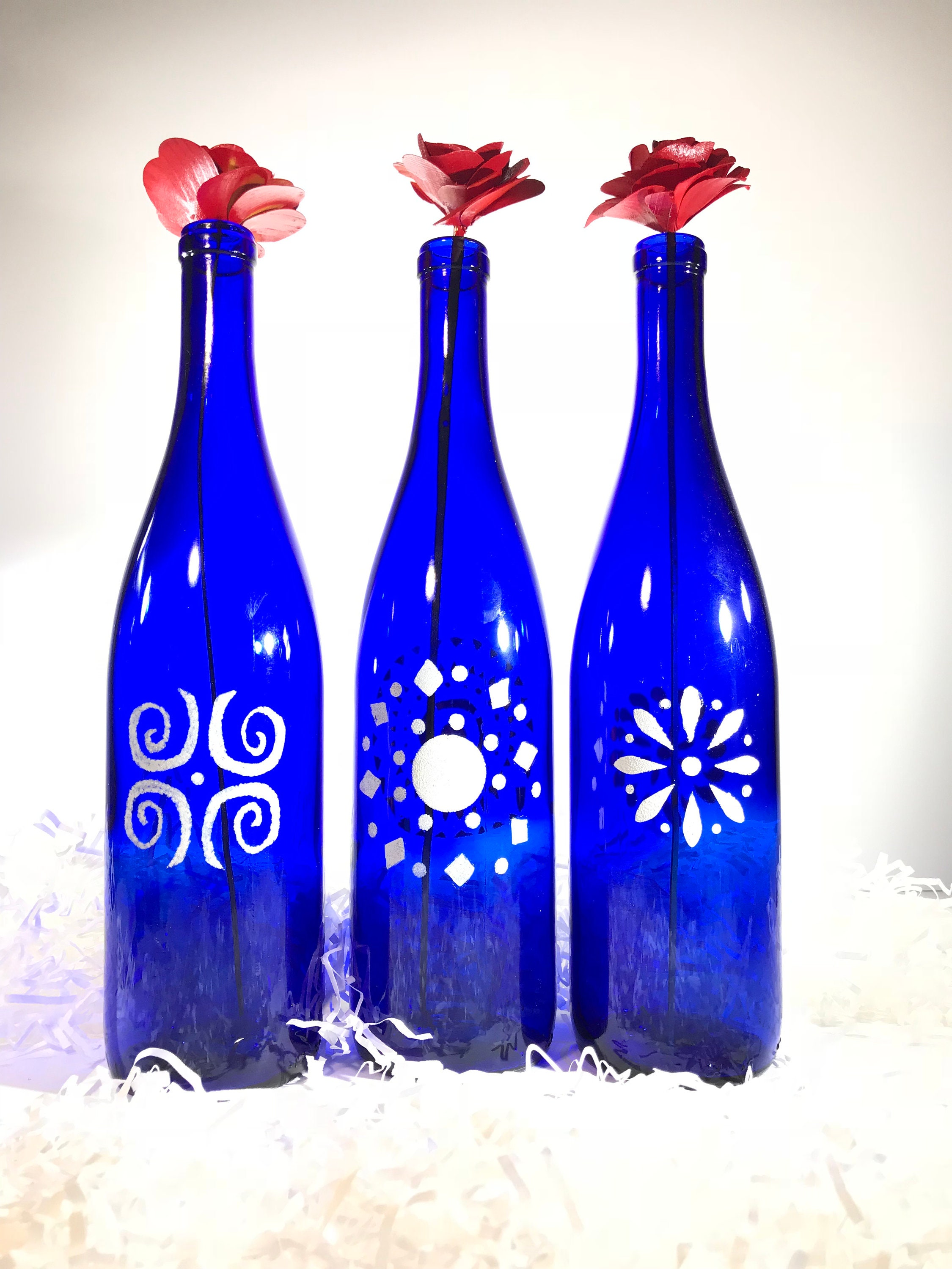 Trio of Elegant and Unique, Blue and White Hand Painted Bottles ...