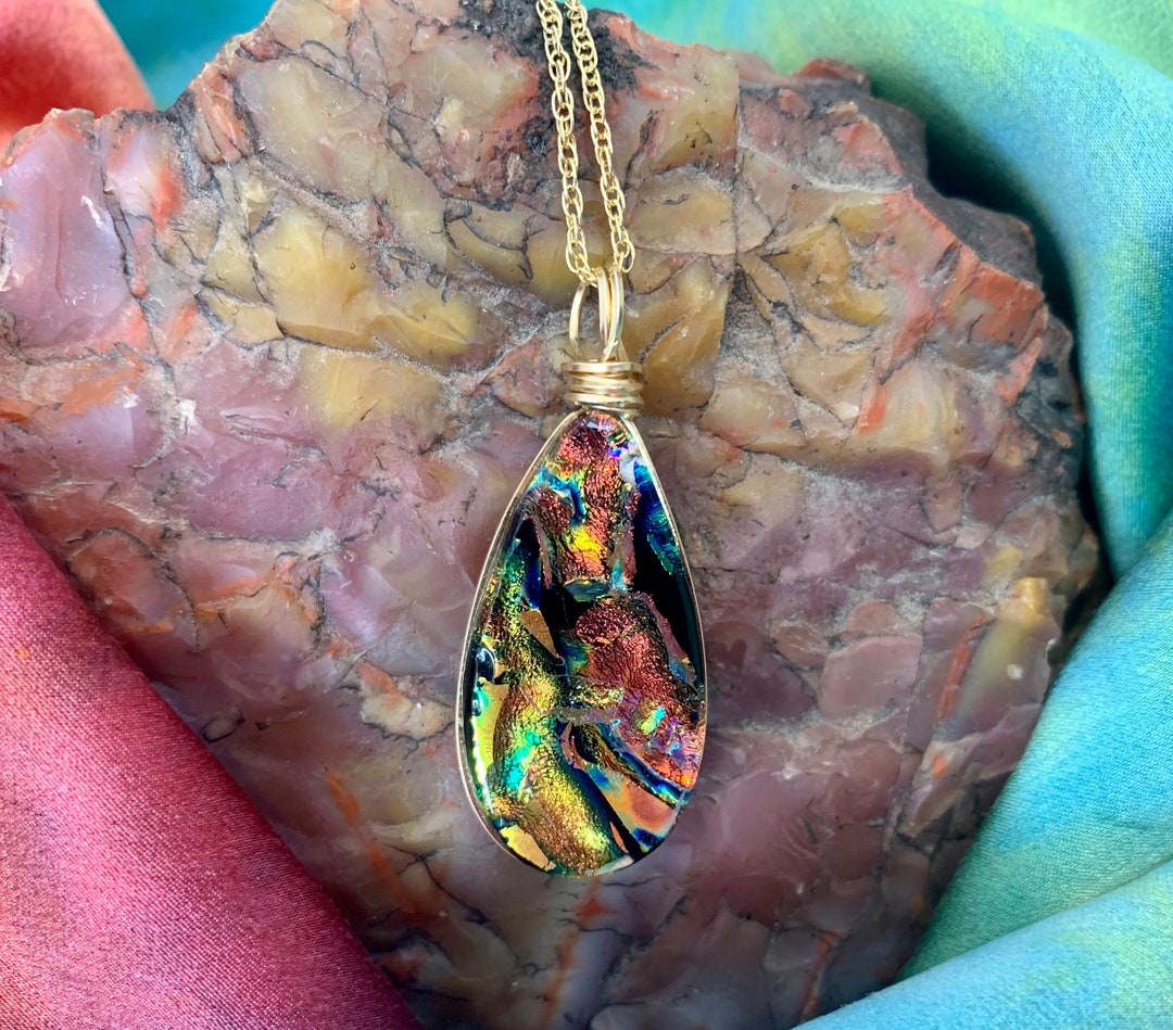 Yosemite ~ Dichroic Glass Large Teardrop Pendant in Warm Earth Tones - Etsy