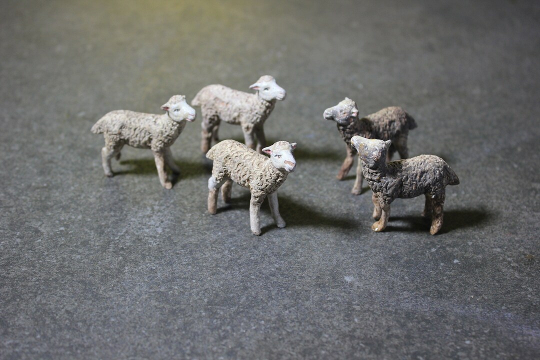 Ancient Set of Clay Sheep, Set of Small Polychrome Baked Clay Sheep ...