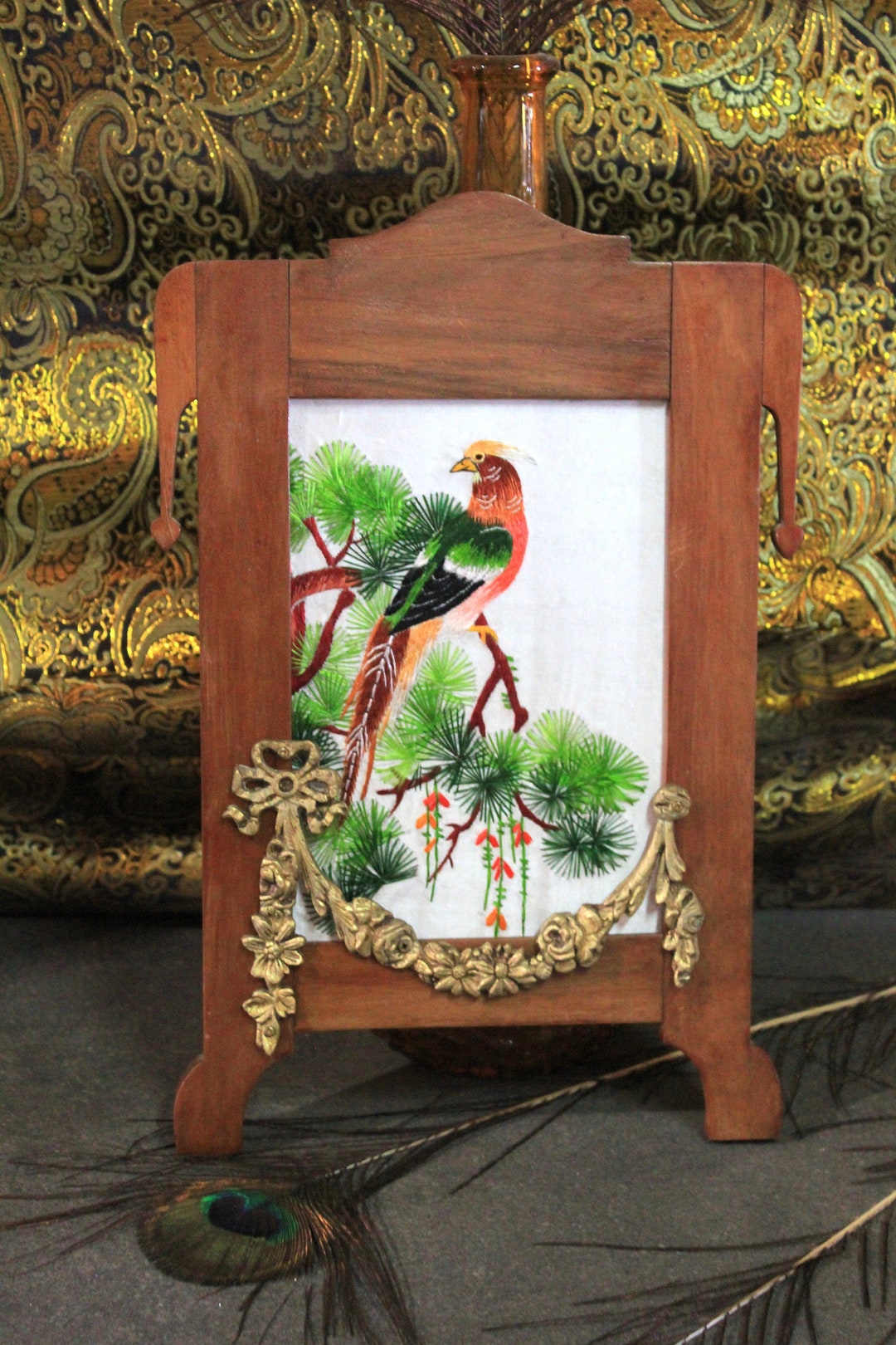 Bird Embroidered Silk, Modernist Frame, Antique Silk, Framed Silk ...