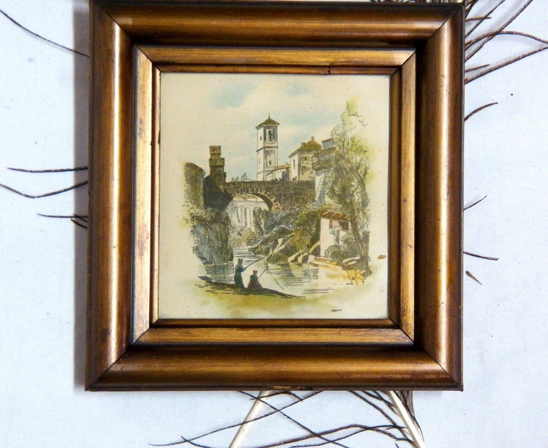 Antique Lithograph, Bridge Over River, Spanish Lithograph 40s, Framed ...