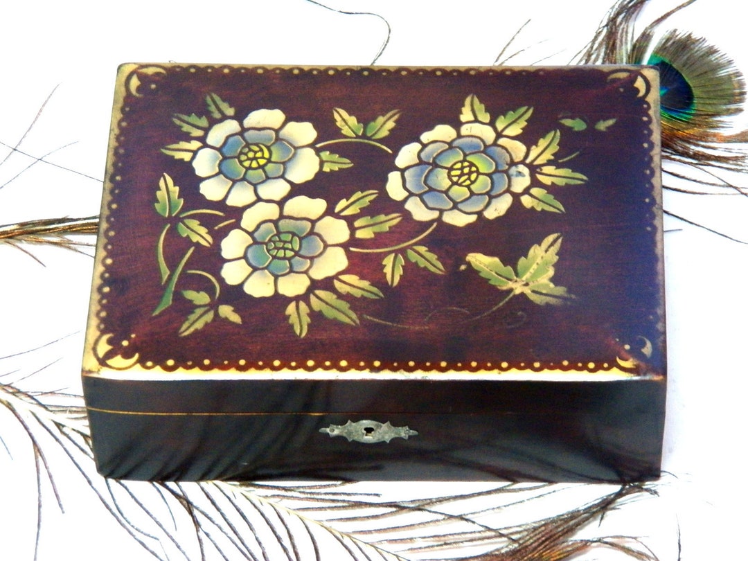 Mirror Box, Antique Hand Painted Jewelry Box, Lacquered Box, Flowers ...