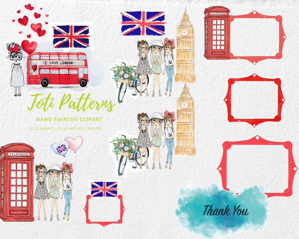 London Clipart, Watercolor Illustration, Girls Clipart Hand Painted ...