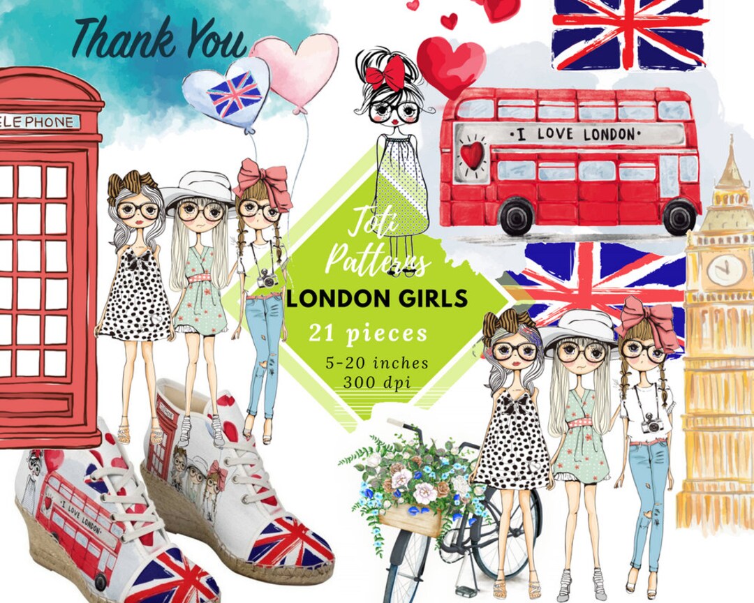 London Clipart, Watercolor Illustration, Girls Clipart Hand Painted ...
