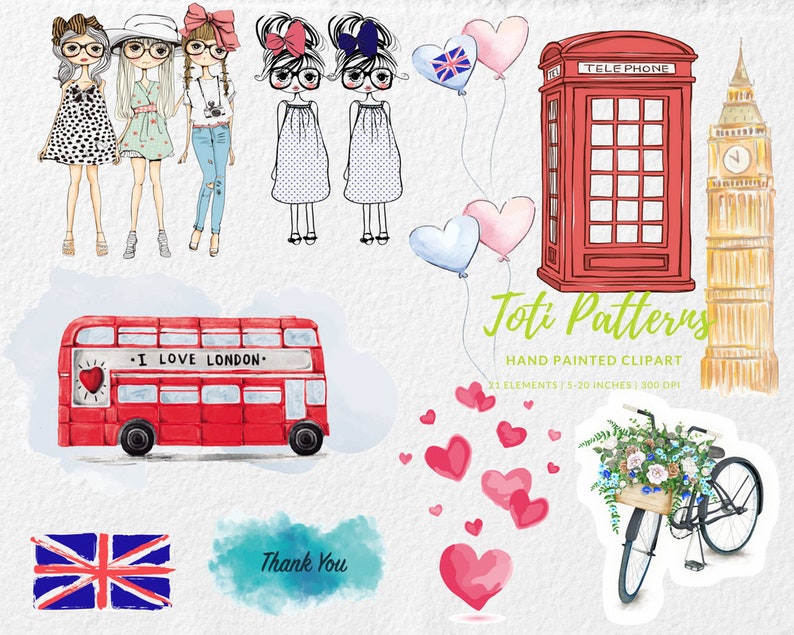 London Clipart, Watercolor Illustration, Girls Clipart Hand Painted ...