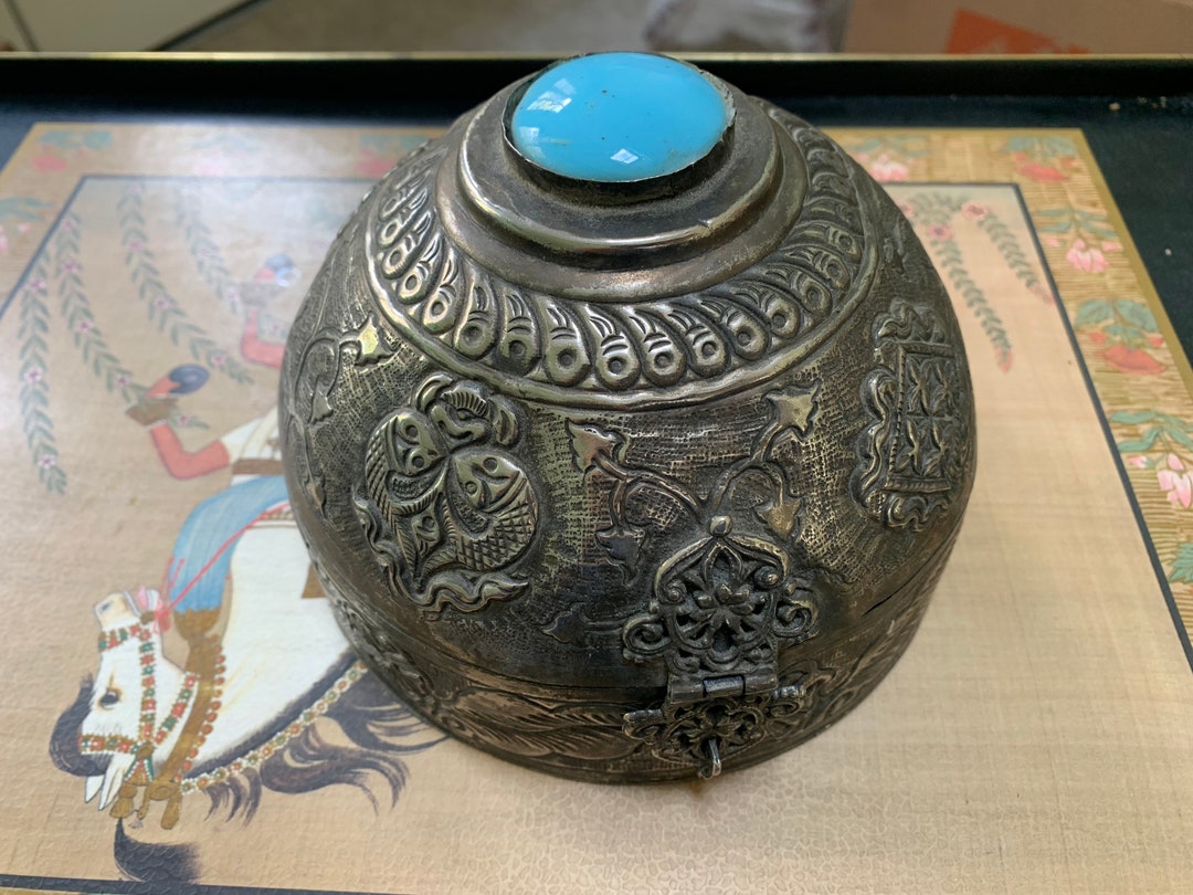 60s Handmade Metallic Box With Blue Stone - Carved and Relief Unique ...