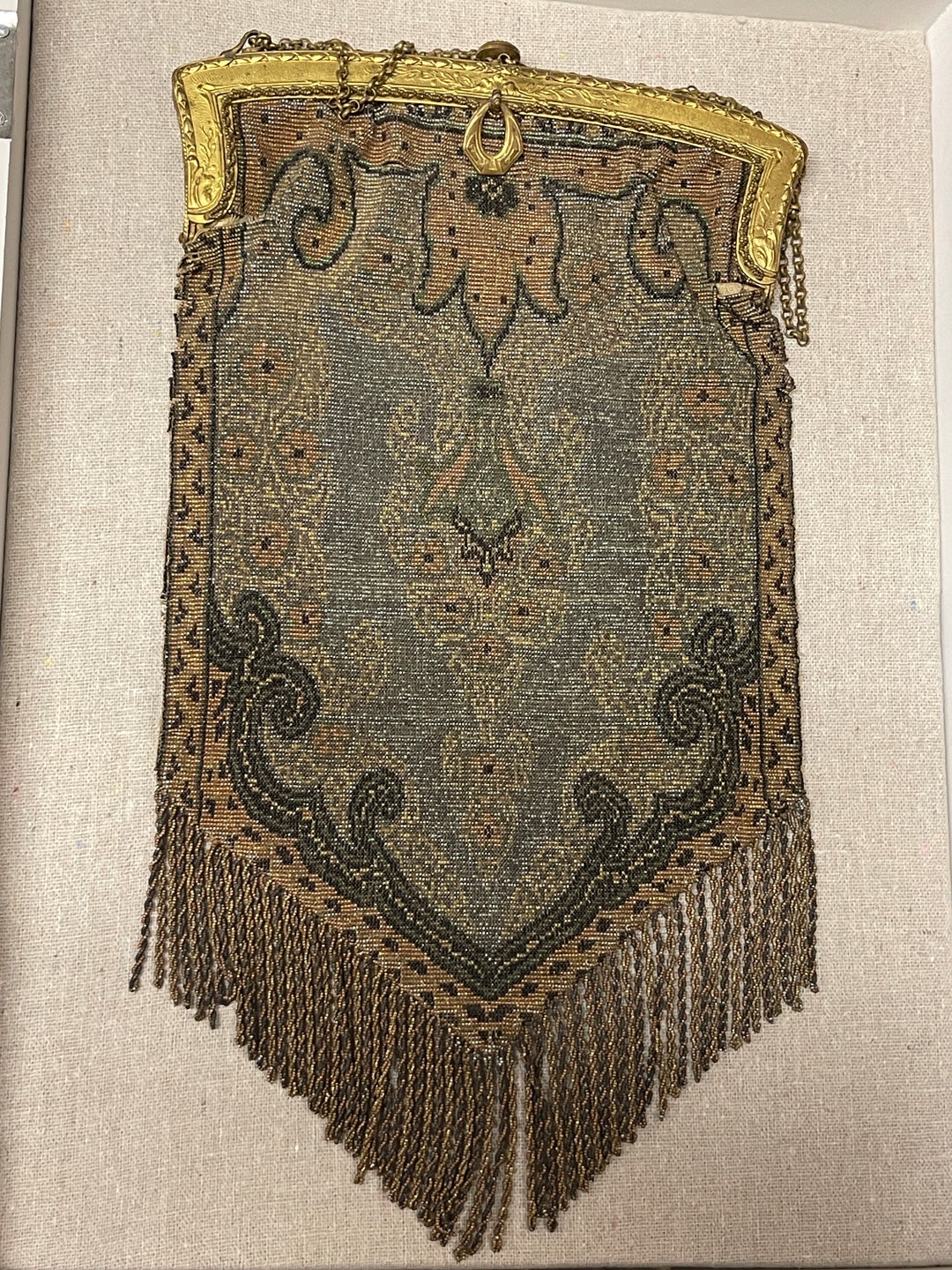 Victorian Drawstring Handbag Hand Beaded Bag Floral Glass Beads ...