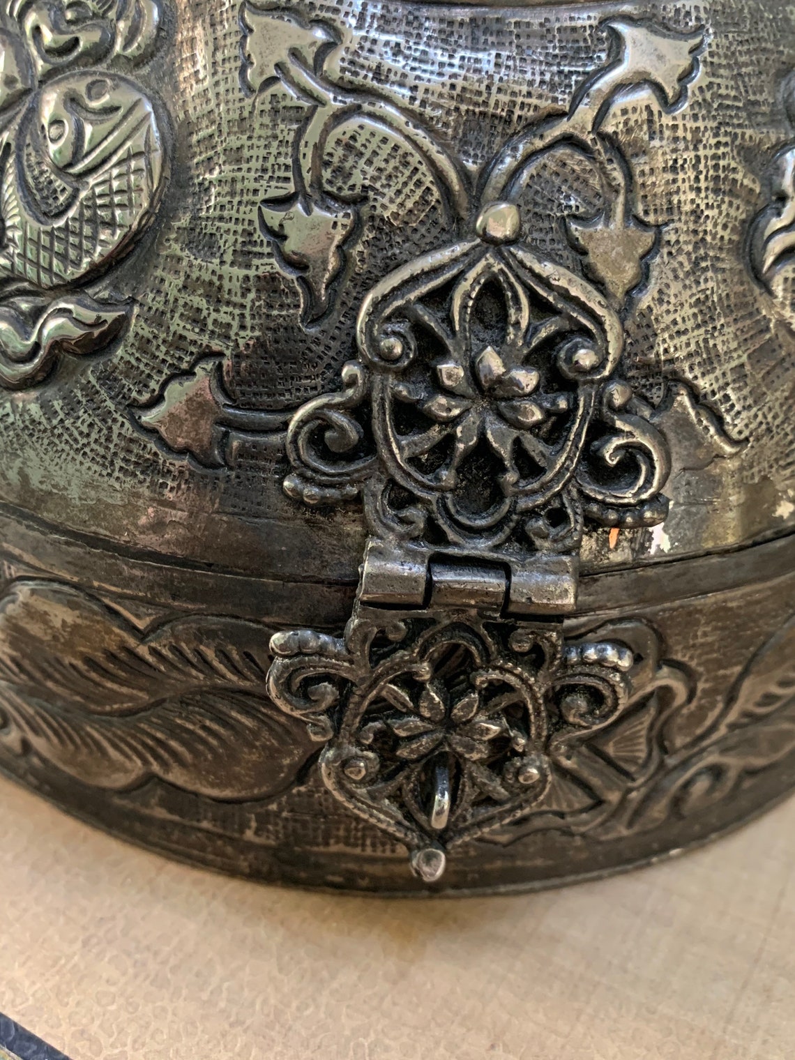 60s handmade Metallic Box with Blue stone carved and relief | Etsy