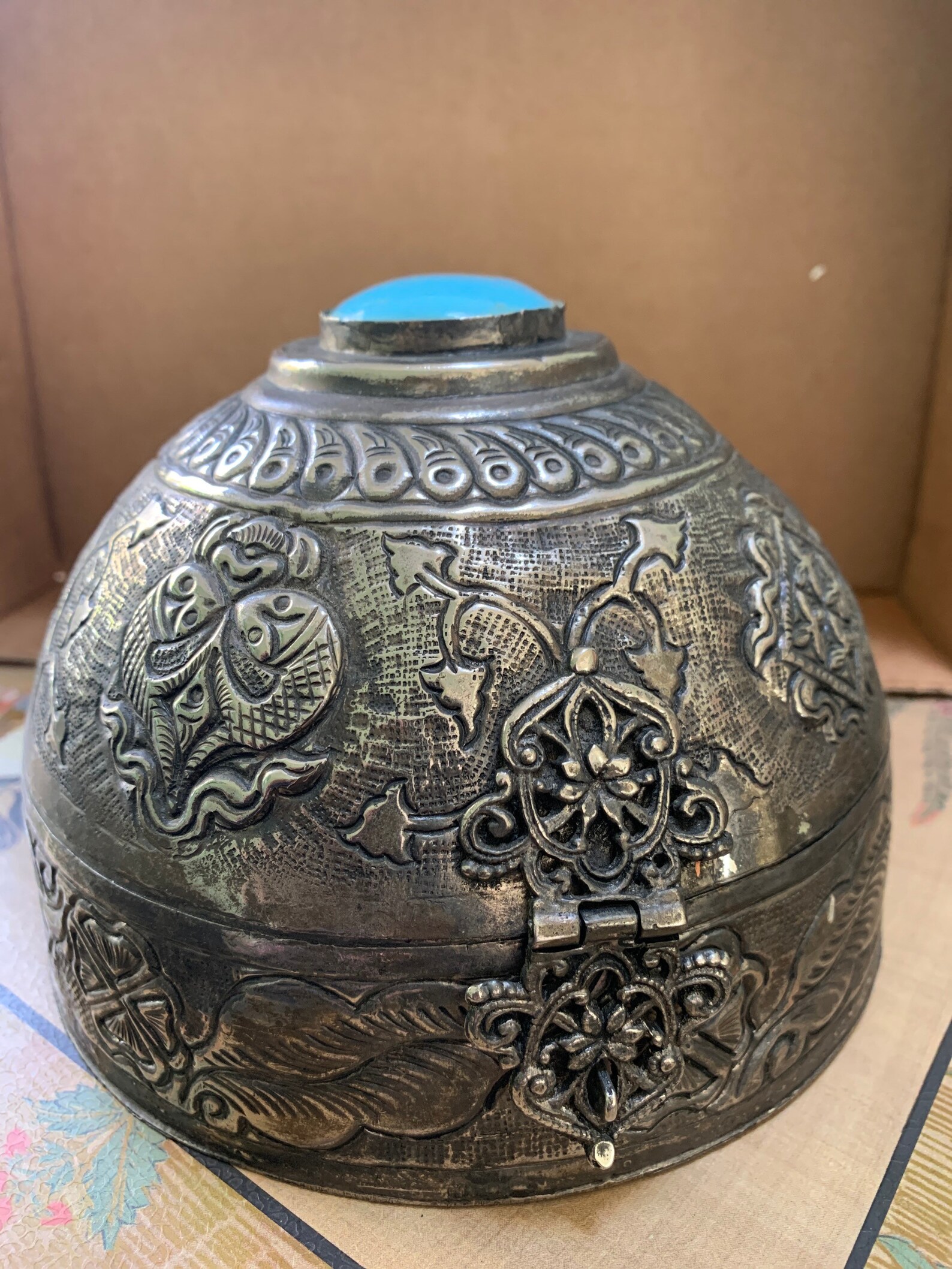 60s Handmade Metallic Box With Blue Stone Carved and Relief - Etsy