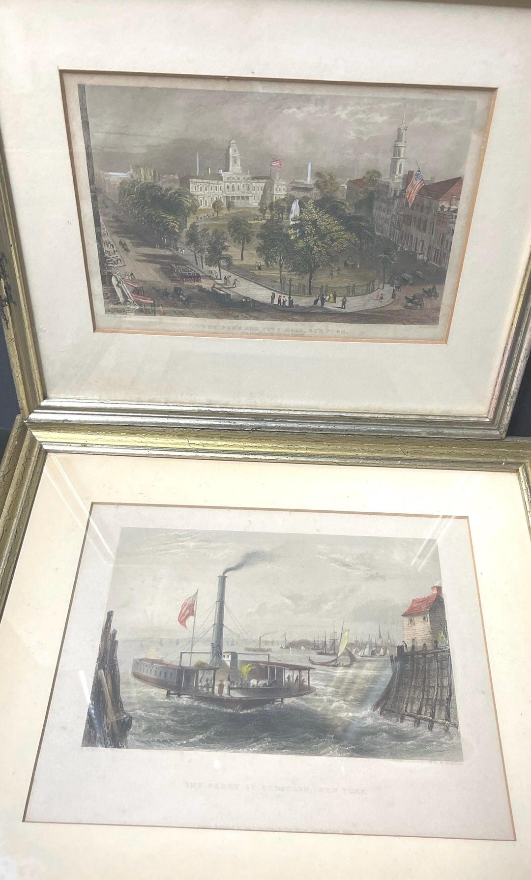 Pair Antique Print Etchings New York 1850- Landscape With Wooden Frames ...