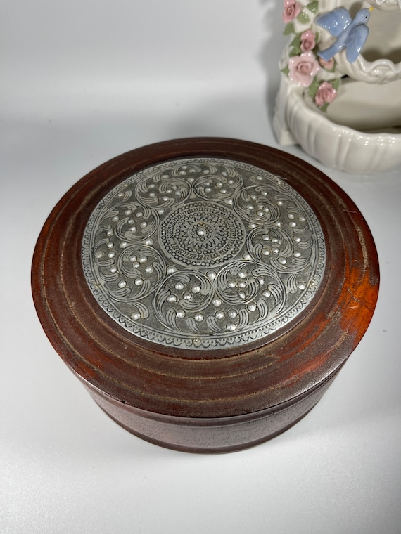 Vintage Wooden& Silver Round Box - Gem