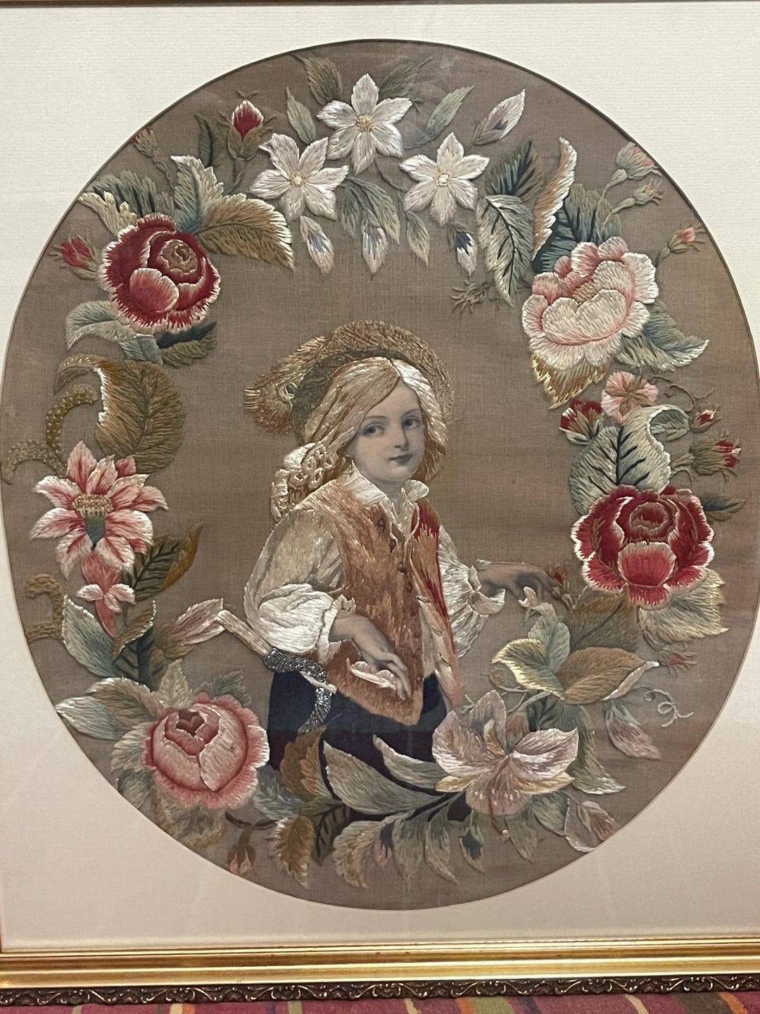 Antique 19th Century France Handmade Silk Embroidery Girl Portrait in ...