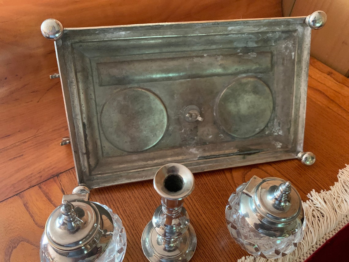 Crystal and Metallic double Inkwell with pen holder. | Etsy