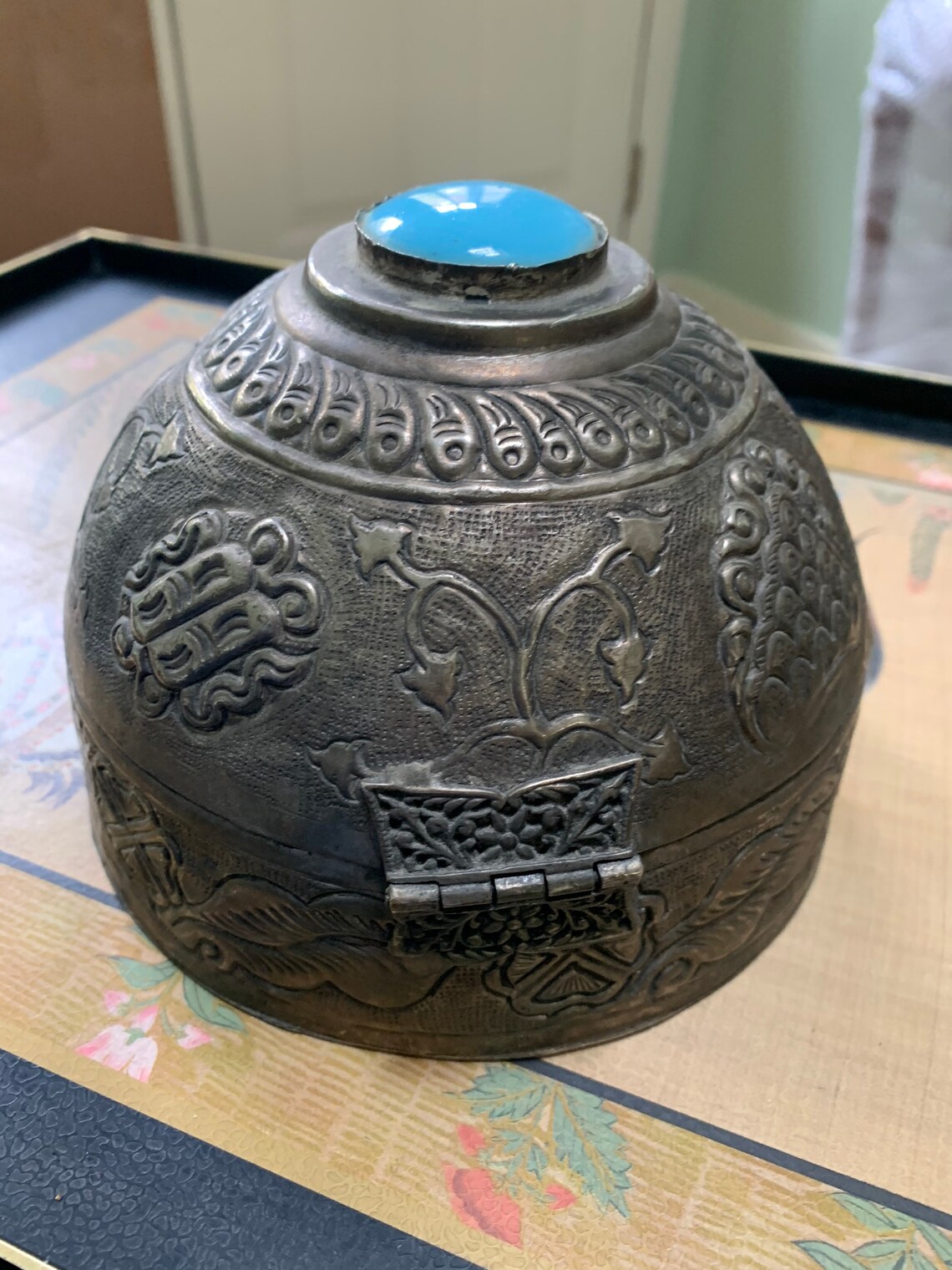 60s handmade Metallic Box with Blue stone carved and relief | Etsy