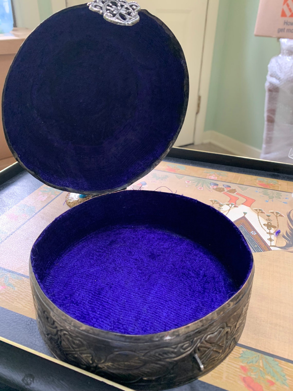 60s handmade Metallic Box with Blue stone carved and relief | Etsy