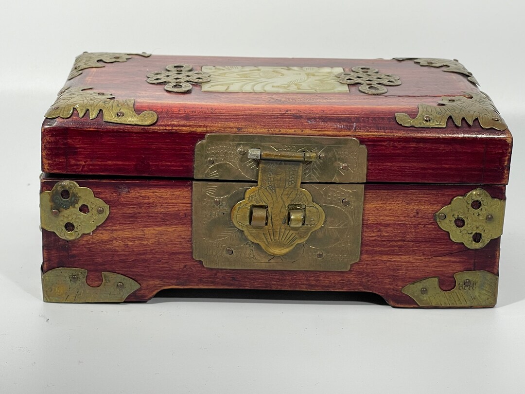 Vintage Chinese Jewelry Box Dark Wood & Brass Carved Jade Inlay - Etsy
