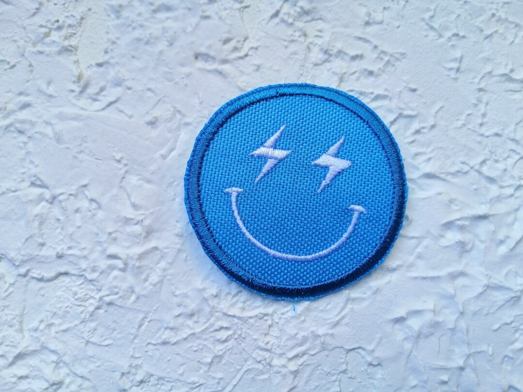 Preppy Blue Smiley Face Patch. Lightning Bolt Smiley - Etsy
