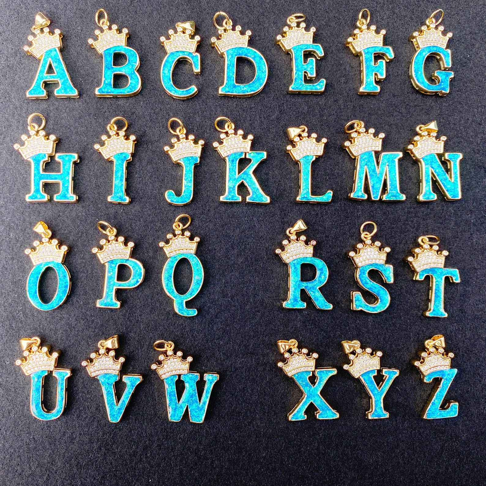 18K Gold Plated Blue Opal Crown Alphabet Letter A-Z Charm Initial ...