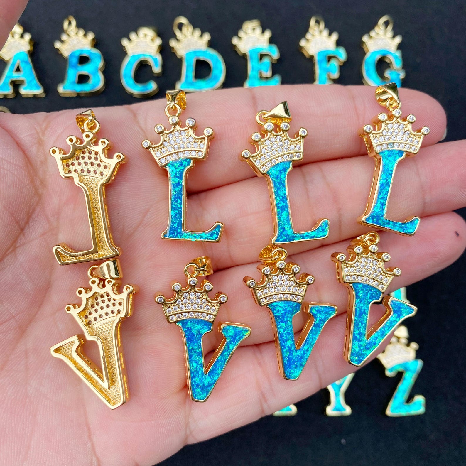 18K Gold Plated Blue Opal Crown Alphabet Letter A-Z Charm Initial ...