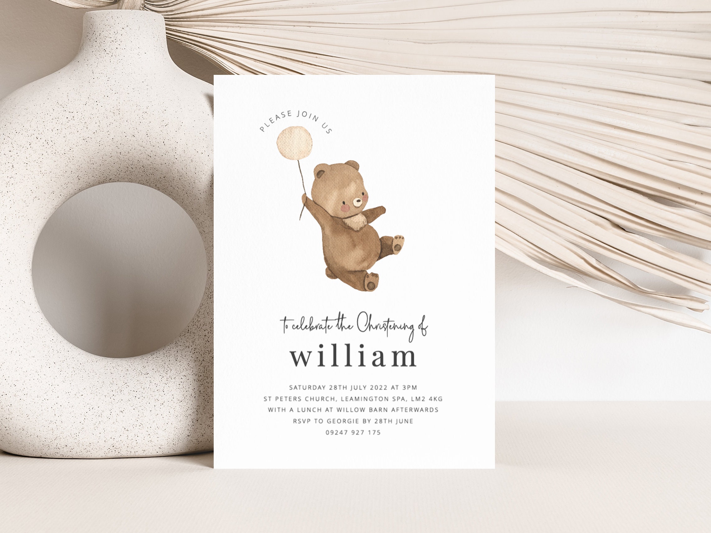 Bear Christening Invitation Template Teddy Bear Baptism | Etsy