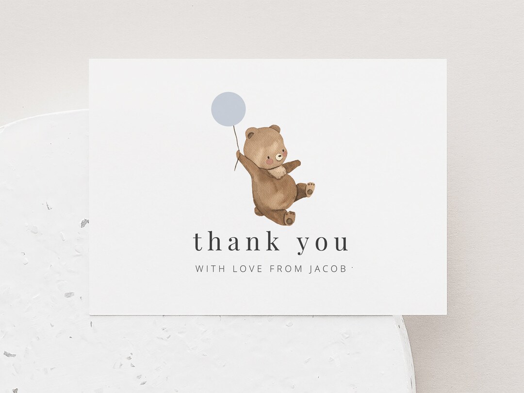 Editable Thank You Card, Bear Blue Balloons, Bear Thank You Note, Beary ...