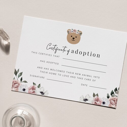 Teddy Bear Adoption Certificate PRINTABLE Pink Floral - Etsy