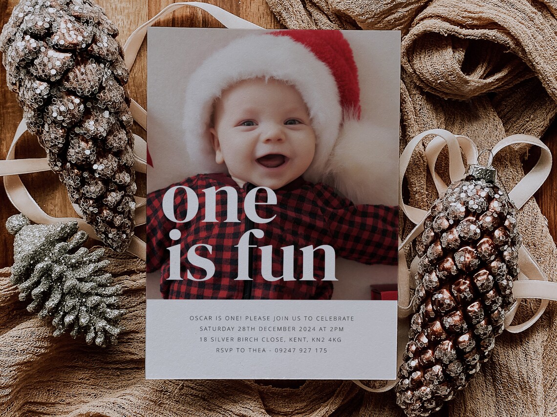 One is Fun Invitation Template, Christmas Birthday, Picture Invitation ...