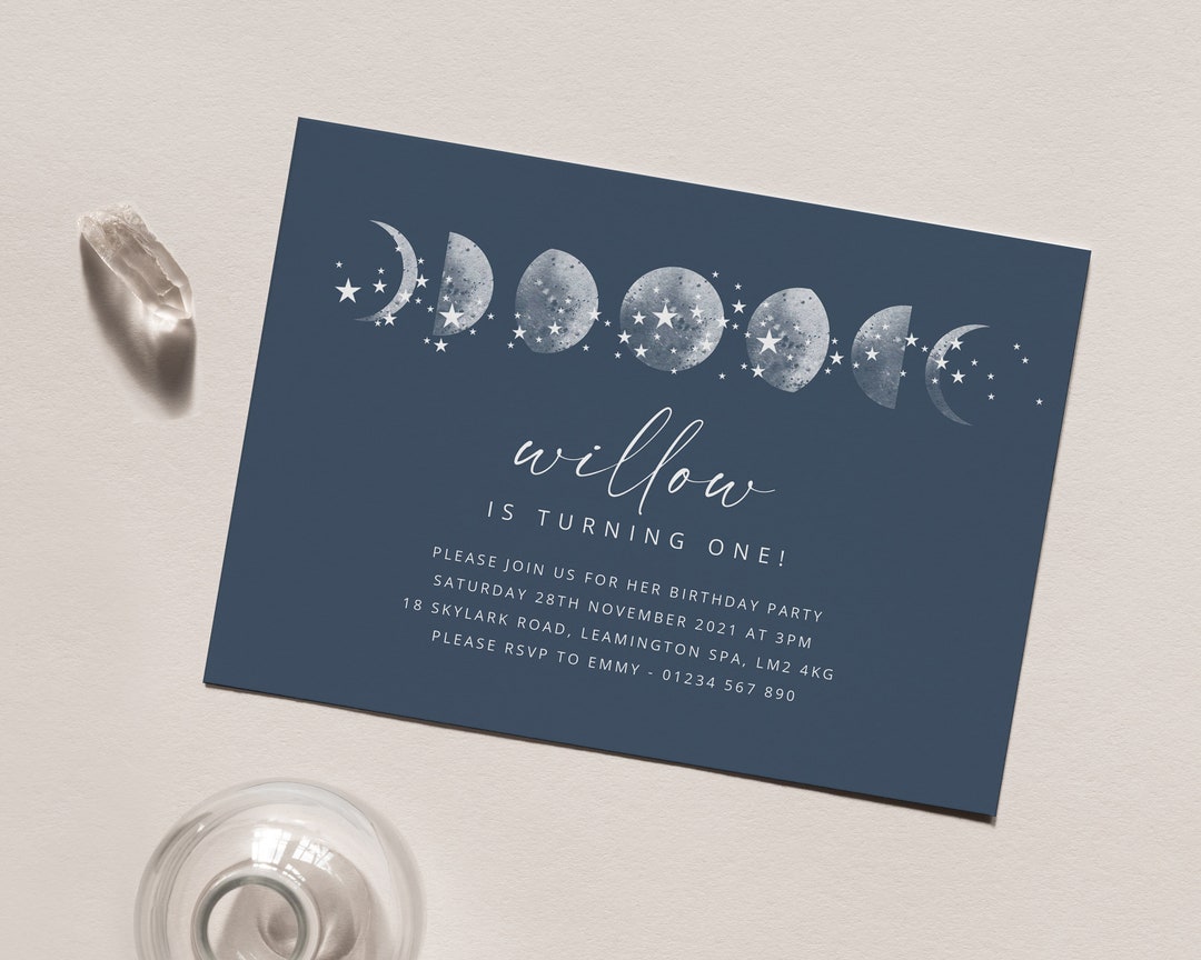 Birthday Invitation Template, White, Moon Phase, Celestial Theme ...