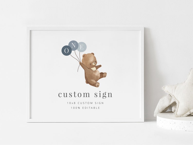 Bear Custom Sign Template Bear Blue Balloons Editable Sign - Etsy