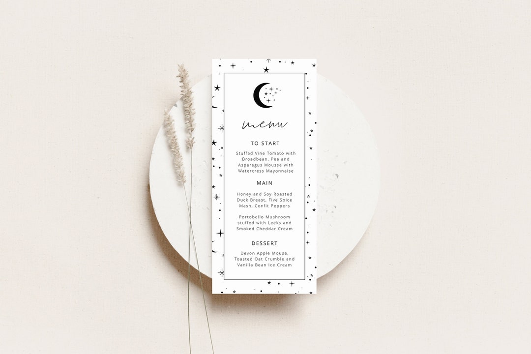 Celestial Menu Template, Celestial Wedding, Menu Template, Moon Stars ...