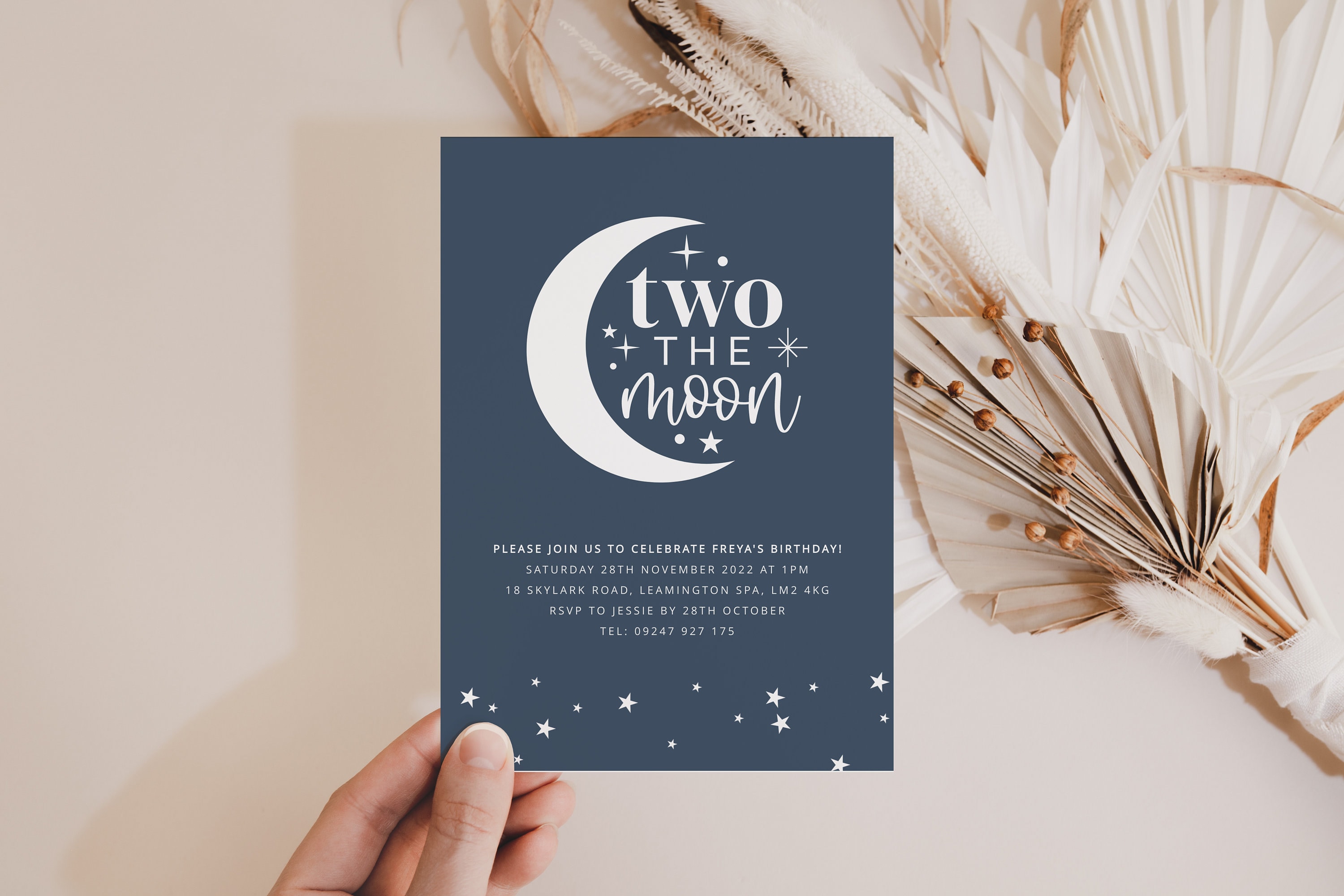 Two the Moon Invite Template Navy Moon Stars Invitation | Etsy
