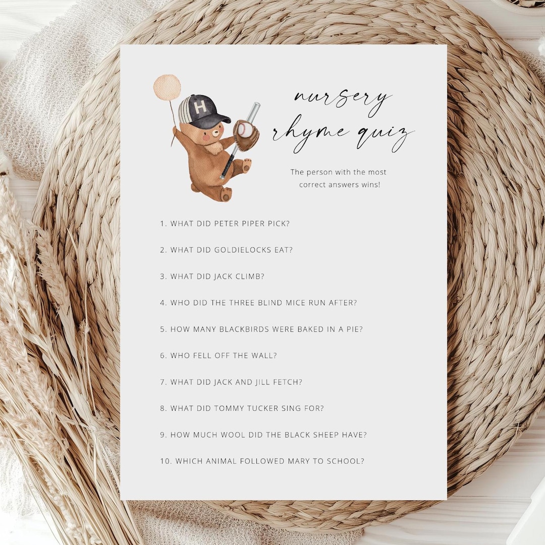 Nursery Rhyme Quiz, Baseball Bear Baby Shower, Baby Shower Game ...