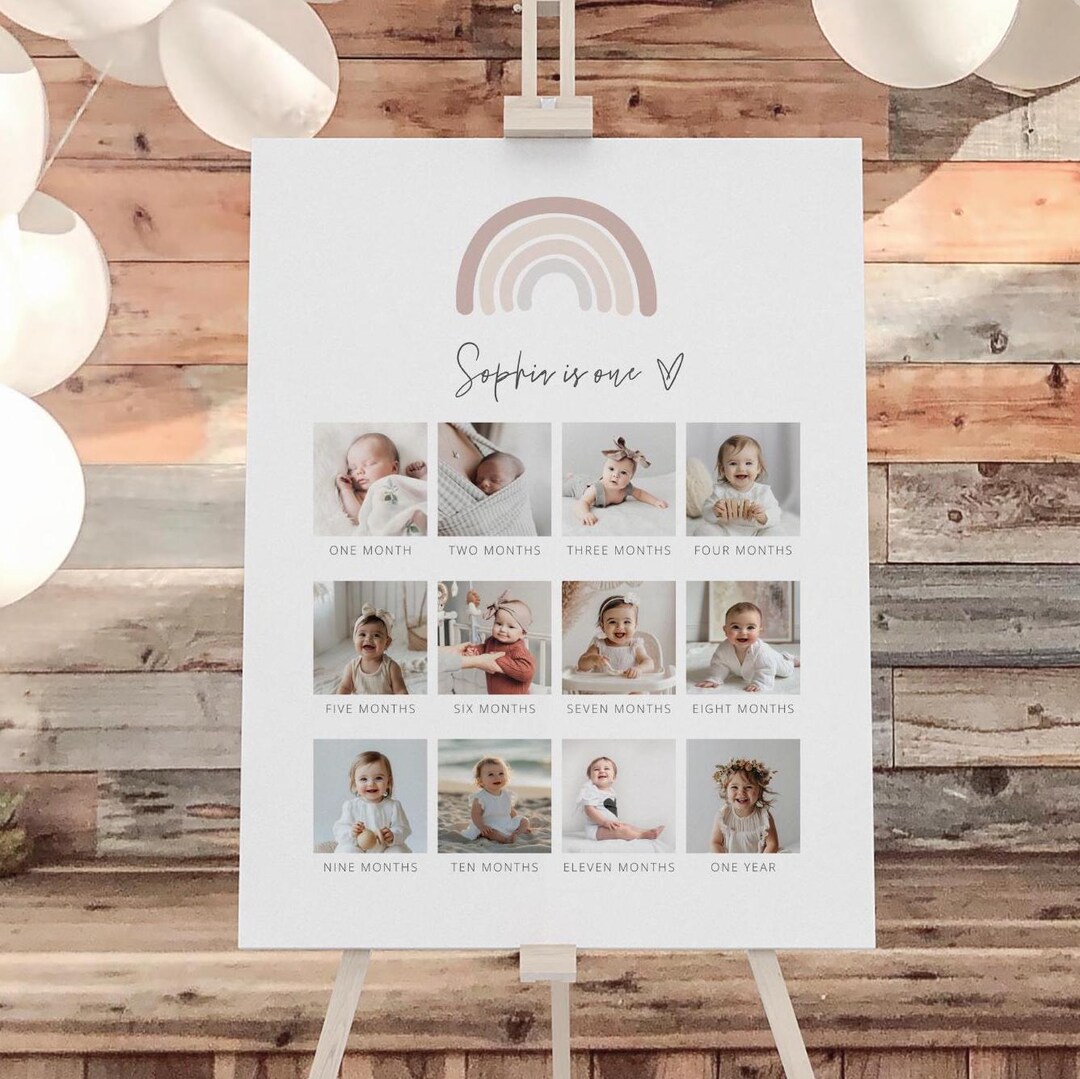 Canva Template, Rainbow First Year Poster, 1st Birthday Photo Board ...