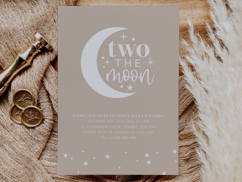 Two the Moon Invite Template Beige Moon Stars Invitation - Etsy