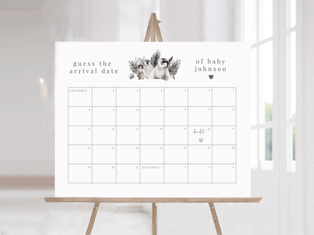 Penguin Guess Due Date Calendar Sign, Winter Baby Shower Template ...