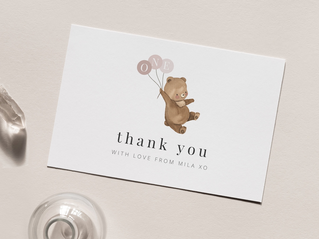 Bear Thank You Card Template, Pink Bear Balloons, Thank You Note, Teddy ...