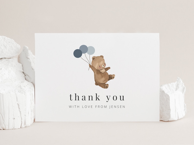 Bear Thank You Card Template, Bear Blue Balloons, Thank You Note, Thank ...