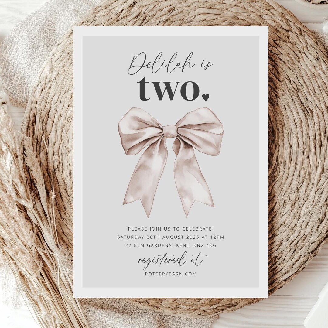 Second Birthday Girl, Bow Invitation Template, Two Invitation, Second ...